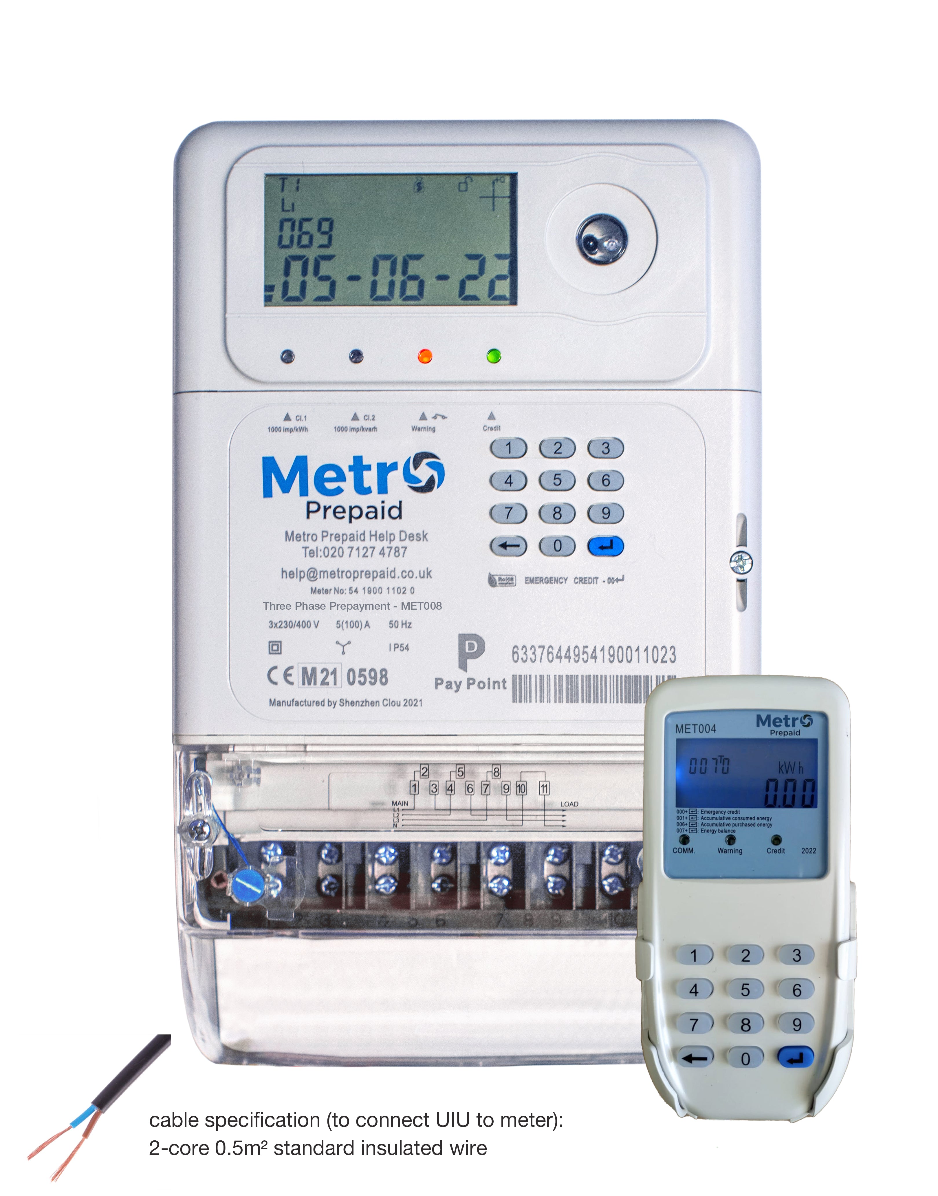 MET008 Metro Three Phase Prepay Meter with Wired Keypad